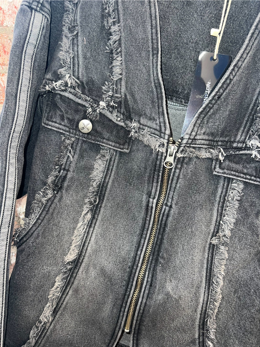 CUT OFF SIDE LINE V-NECK DENIM JACKET – ALAND USA